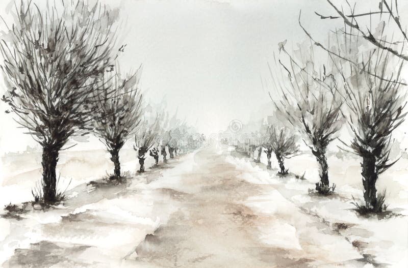 Frozen Winter Road with Willow Trees Stock Illustration - Illustration ...