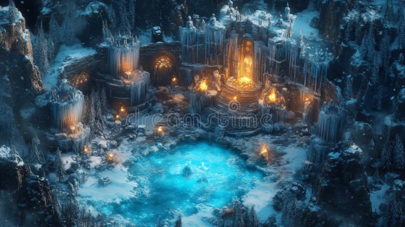 Frozen Winter Village at Night with Glowing Ice Lake Stock Illustration ...