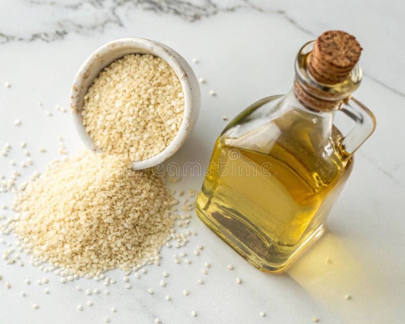 Image of Sesame Oil Bottle and Pile of White Sesame Seeds, Healthy Food ...