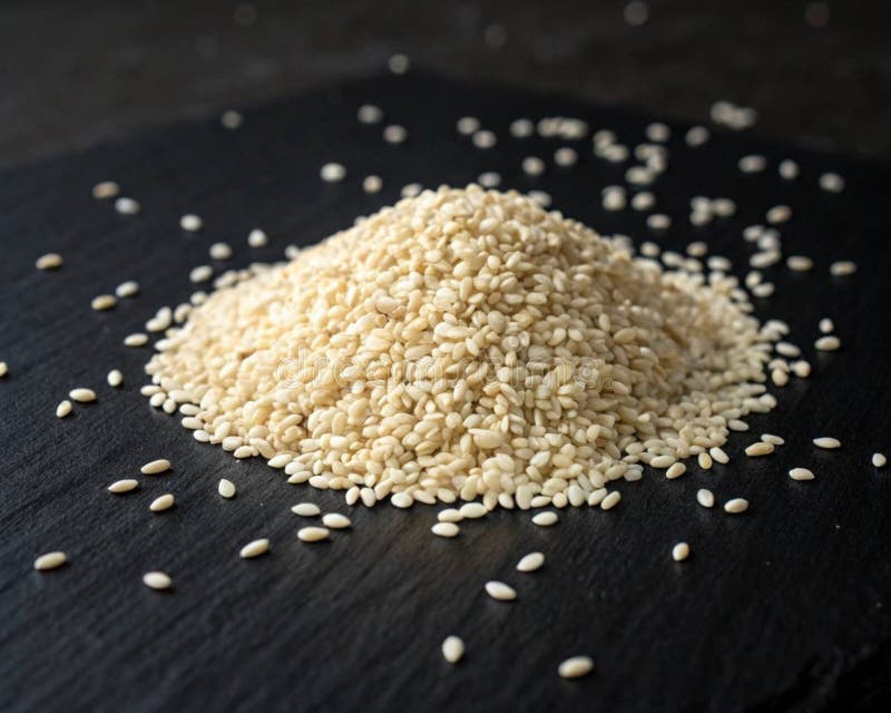 Image of White Sesame Seeds, Separated Pile on Black Background. Stock ...