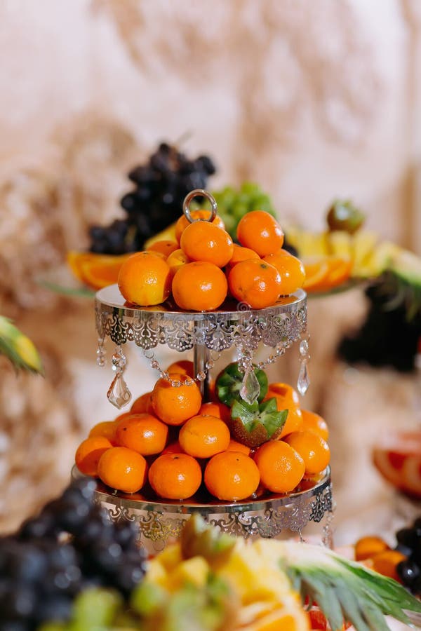 Fruit Bar. Table with Fruits, Bananas, Grapes. Orange and Pineapple ...