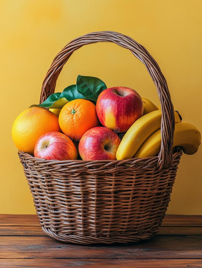 Fruit Basket with Apples, Bananas, Oranges on Wooden Table. Stock Image ...