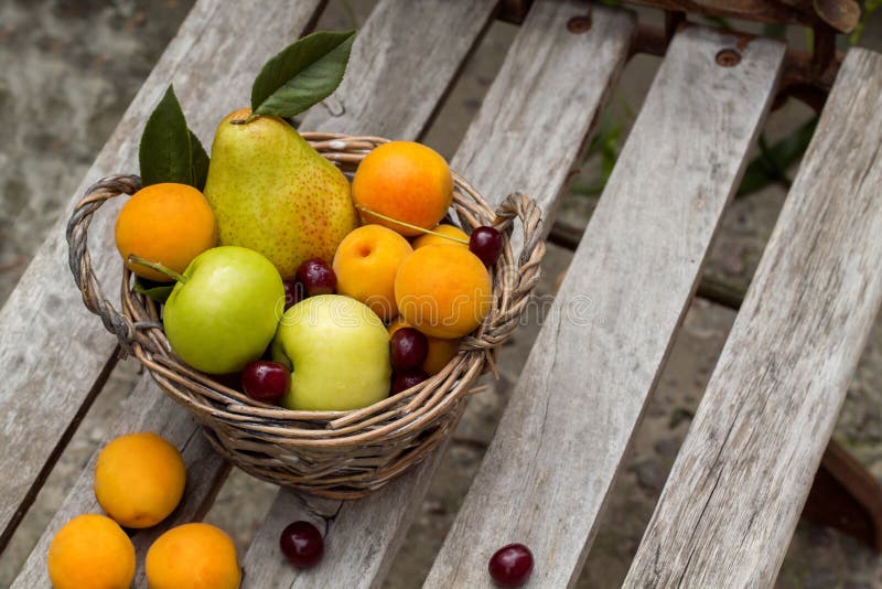Fruit Basket is on the Bench Stock Photo - Image of craft, yellow ...