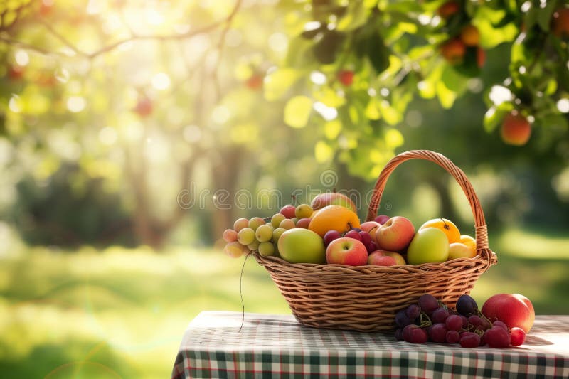 Fruit Basket on a Table in a Sunny Orchard Stock Photo - Image of ...