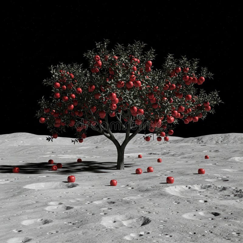 A Fruit-bearing Apple Tree on the Gray Surface of the Moon. Stock Image ...