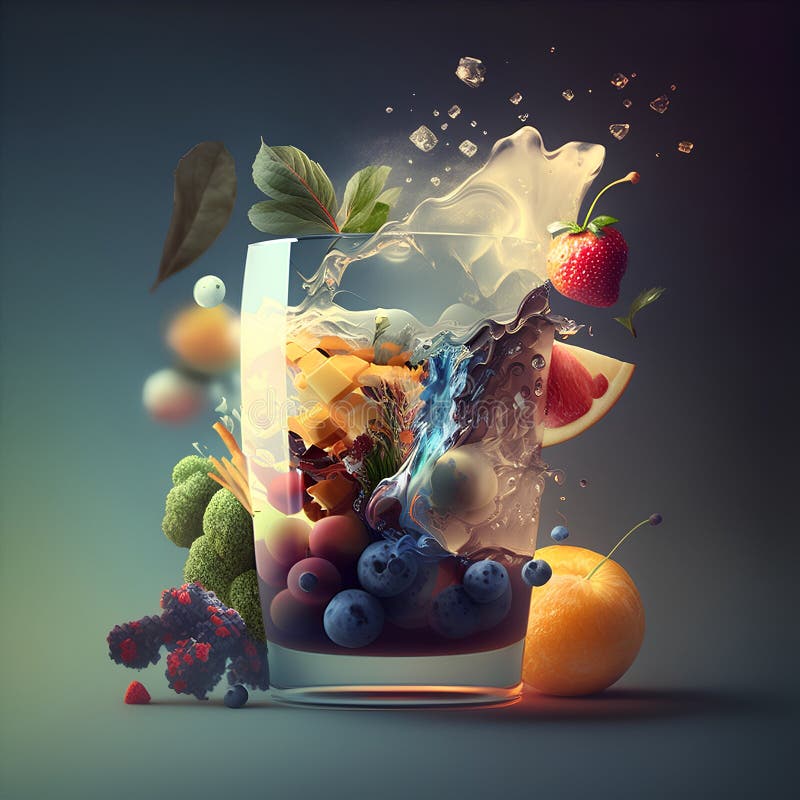 Fruit and Berries in a Glass of Cola. 3d Rendering Stock Illustration ...