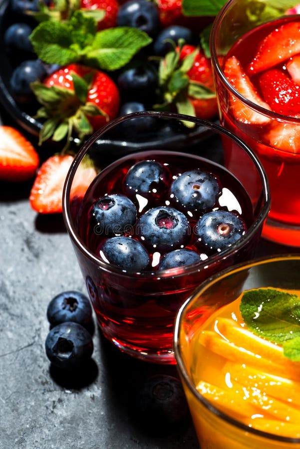 Fruit and Berry Beverages in Assortment, Vertical Top View Stock Image ...