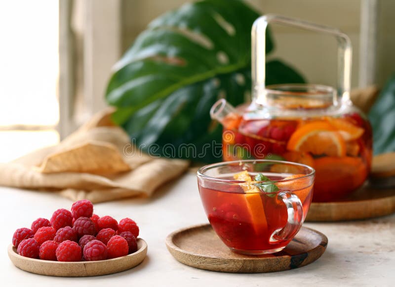 Berry Citrus Tea in a Glass Teapot Stock Photo - Image of health ...
