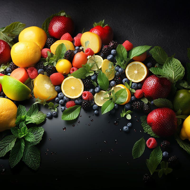 Fruit and Berry Layout on a Dark Table Stock Illustration ...