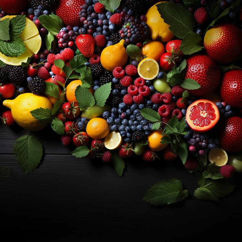 Fruit and Berry Layout on a Dark Table Stock Illustration ...