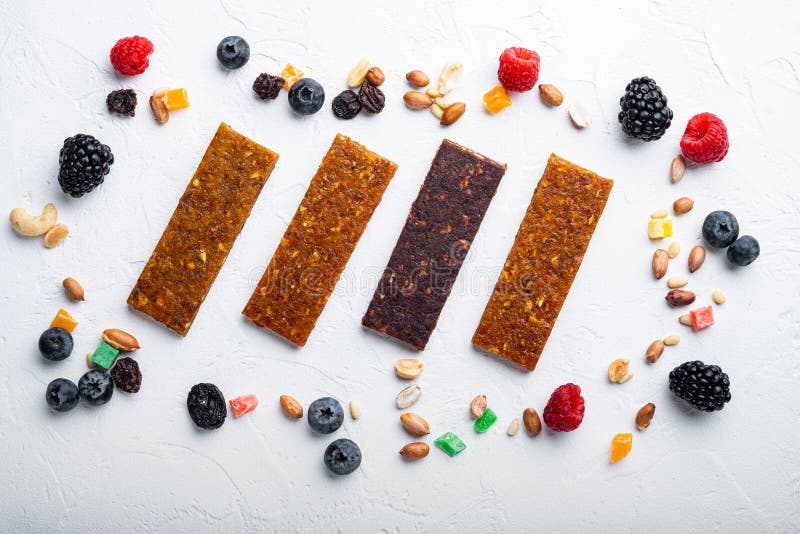 Fruit Berry and Nut Energy Bars, Healthy Snack, Flat Lay, on White ...