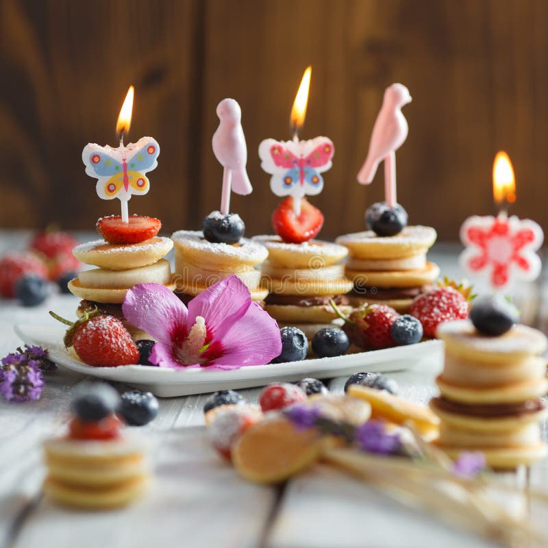 Fruit, Berry and Pancake Canapes on White Wooden Table Stock Photo ...