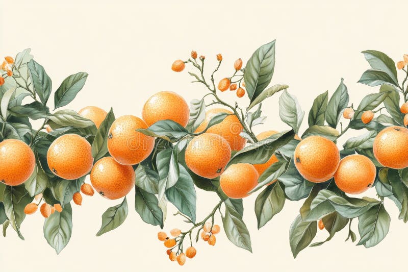 Fruit Border Design, Seamless Pattern with Orange Clusters and Leaves ...