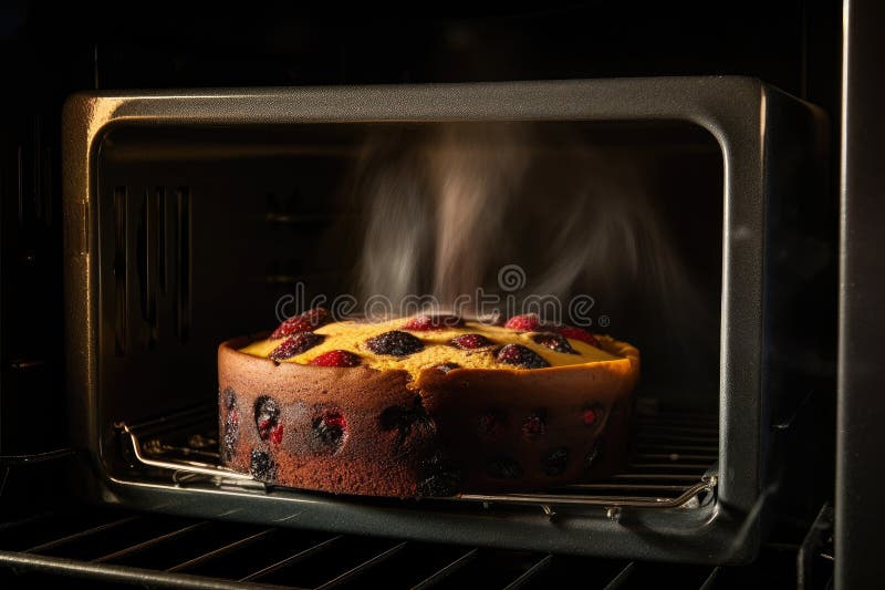 Fruit Cake Baking in Oven, with Hot Steam Billowing Out of the Open ...