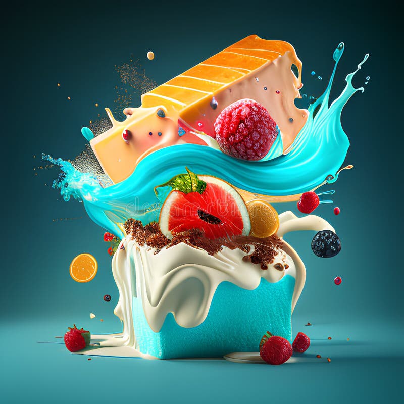 Fruit Cake with Cream Splash on Blue Background 3d Render Illustration ...