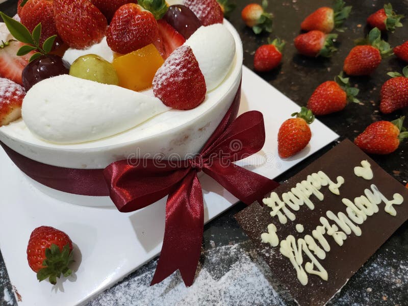 Fruit Cake with Maroon Ribbon Stock Photo - Image of happybirthday ...