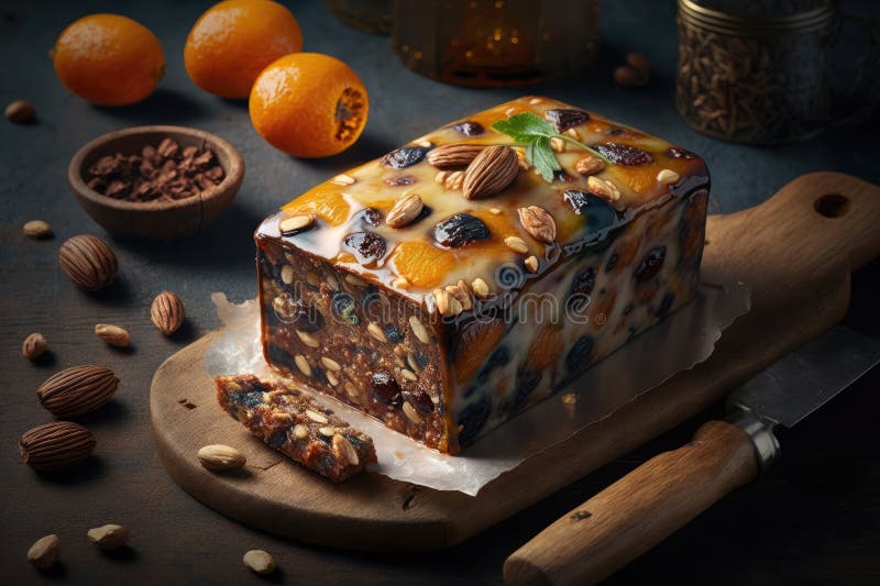 Fruit Cake in Rectangular Shape with Glaze and Nuts on Table Stock ...