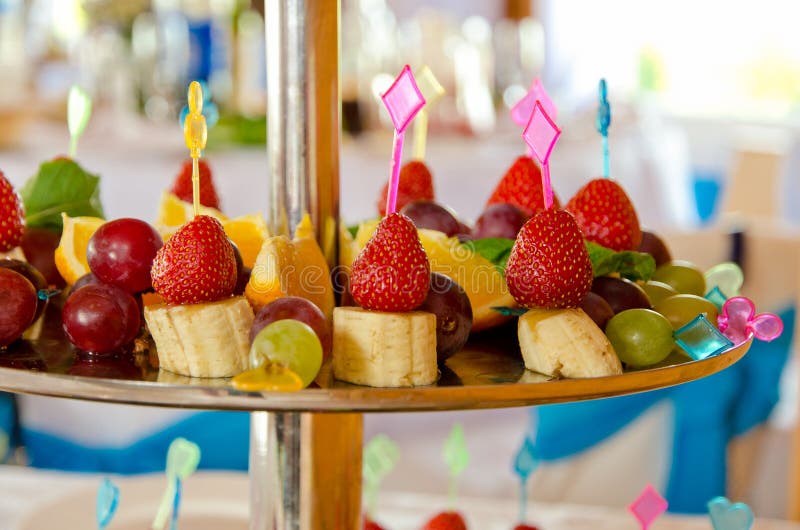 Fruit Canapes. Fresh Fruit Canapes on White Plate. Mixed Fruit in White ...