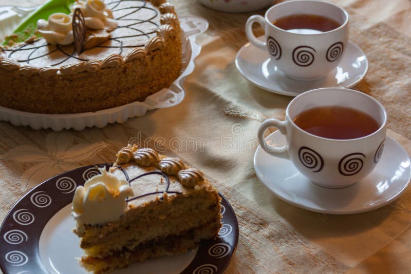 Fruit Cheesecake with Cups of Tea Stock Photo - Image of fresh, plate ...