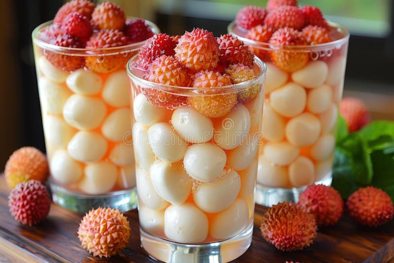 Fruit Dessert with Lychee and Melon in Glass Stock Image - Image of ...
