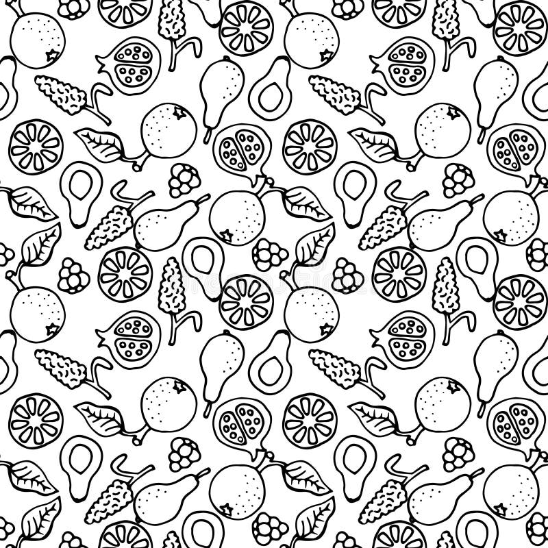 Fruit Set in Doodle Style.Pineapple, Banana, Apple, Strawberry, Plum ...
