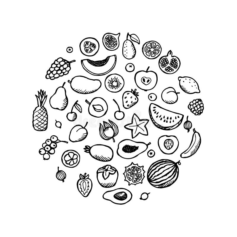 Fruit In Doodle Style On Isolated White Background. Hand Drawn Slice Of ...