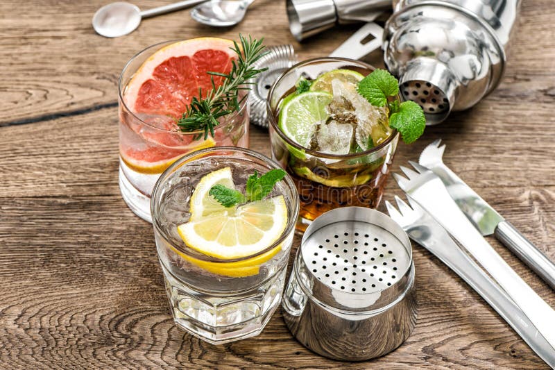 Fruit Drinks Cocktail Making Bar Tools, Shaker, Glasses Stock Image ...