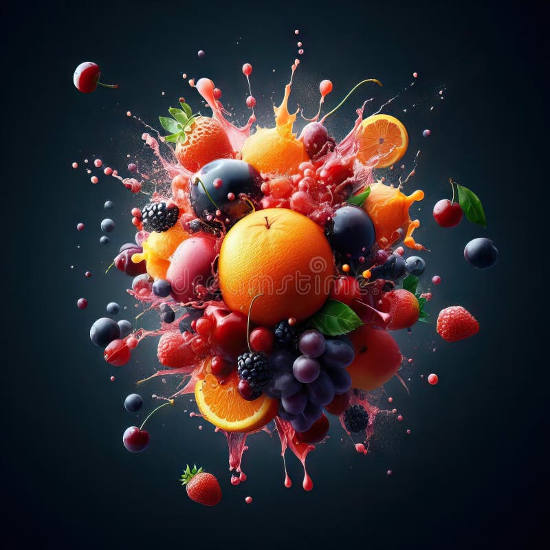Fruit Explosion on Black Background (AI Generated Stock Illustration ...