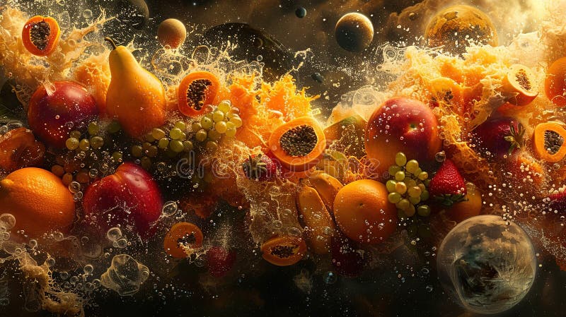 Fruit Explosion in Space stock illustration. Illustration of surreal ...