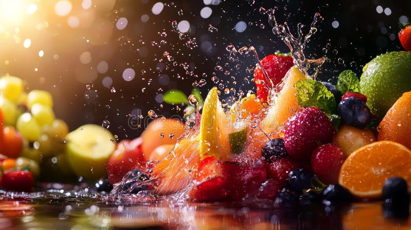 Fruit Explosion with Splashes of Water and Light Stock Image - Image of ...