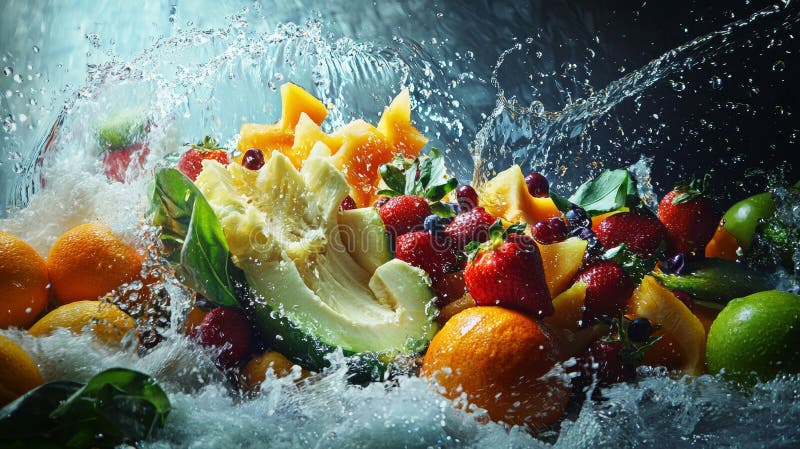 Fruit Explosion with Water Splash in Motion Stock Image - Image of ...
