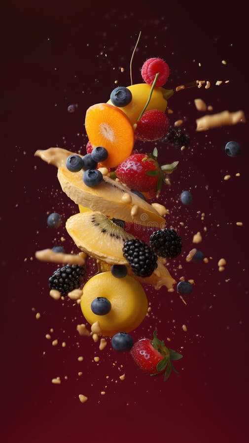Fruit Falling in the Air with Splashes on a Red Background. Stock ...