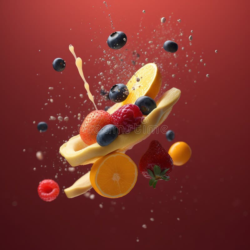 Fruit Falling in the Air with Splashes on a Red Background. Stock ...