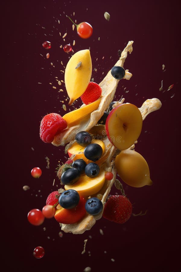 Fruit Falling in the Air with Splashes on a Red Background. Stock ...