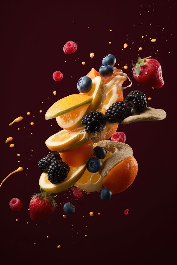 Fruit Falling in the Air with Splashes on a Red Background. Stock ...