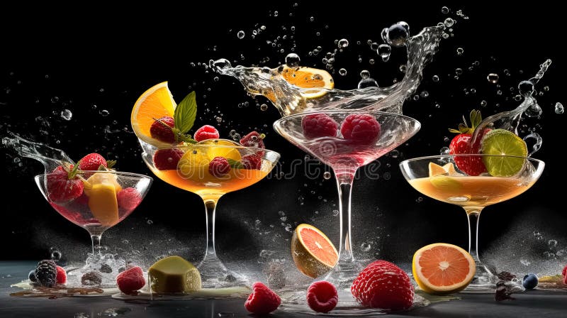 Fruit Falling into a Collection of Cocktails in Glasses Stock ...