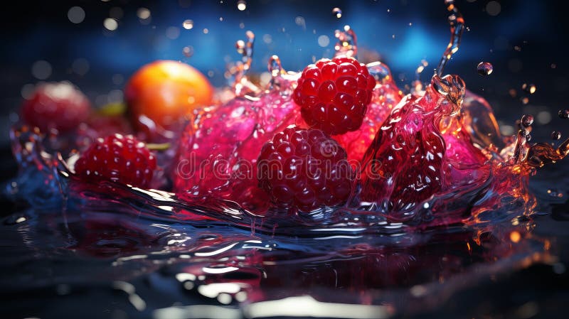 Raspberry with Water Splash Near Generative AI Stock Illustration ...