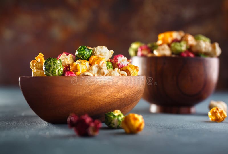 Fruit Flavored Popcorn in Wooden Bowl. Stock Photo - Image of table ...
