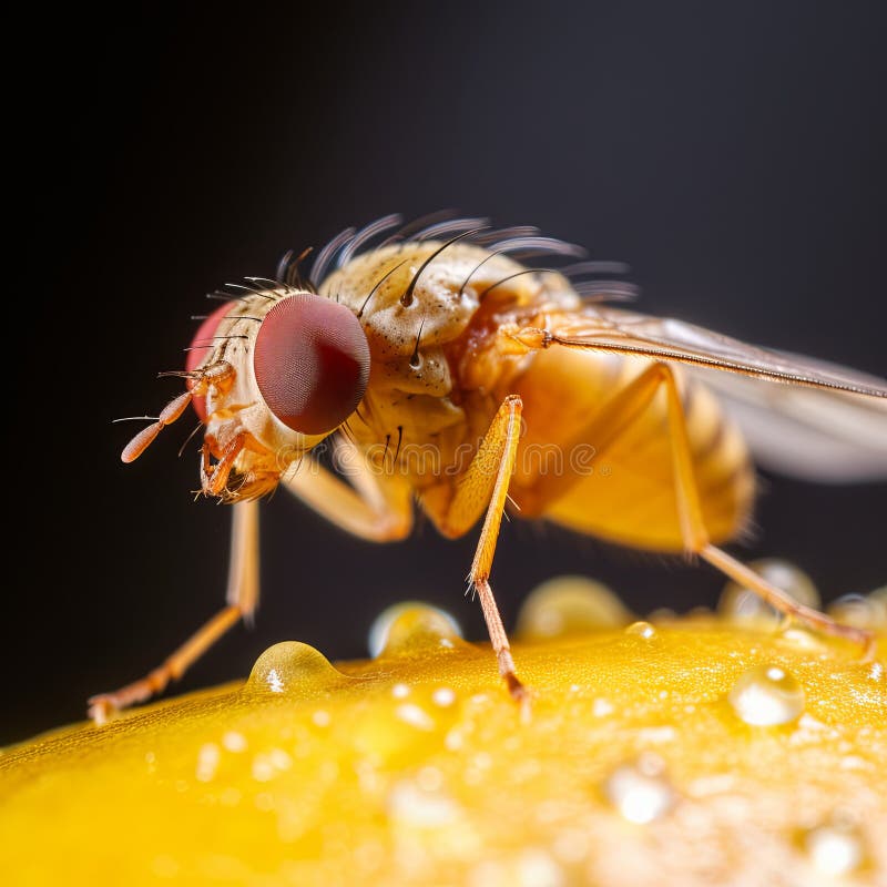 Fruit Fly Standing on a Yellow Surface with Water Droplets. - AI ...