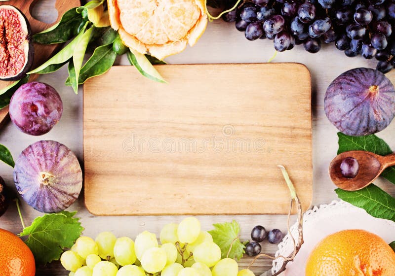 Fruit Frame and Wooden Board. Healthy Food Background Stock Photo ...