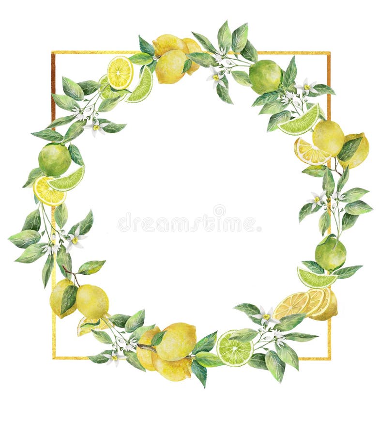Beautiful Citrus Wreath of Leaves, Fruits and Flowers of Lemon and Lime ...