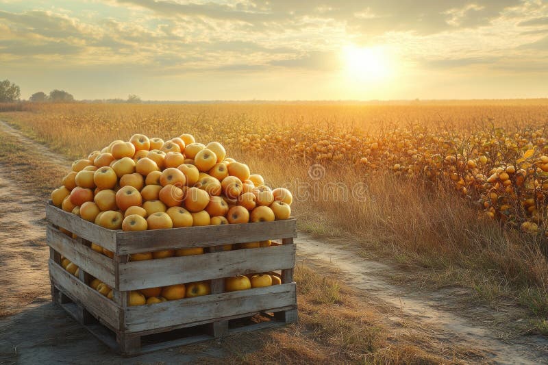 Fruit Harvest Scene, a Stack of Golden Apples in Crates Awaits ...