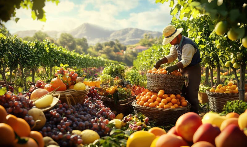 Fruit Harvest in Vineyard with Farmer Collecting Oranges and Assorted ...