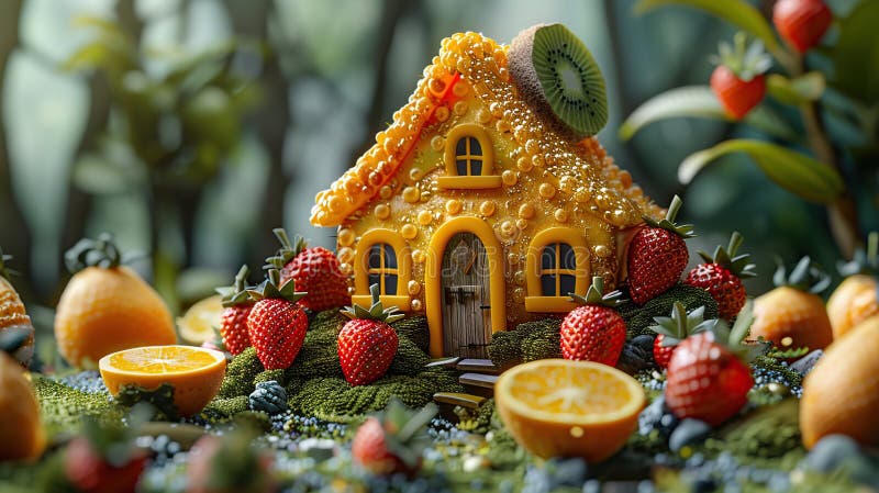 Fruit House in a Whimsical Forest Stock Illustration - Illustration of ...