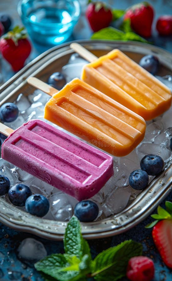 Fruit Ice Cream Popsicles with Fresh Berries on Plate Stock Photo ...