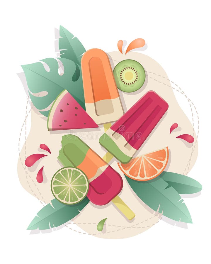 Fruit Ice. Set of Ice Cream and Fruits. Fruit Splashes. Vector ...