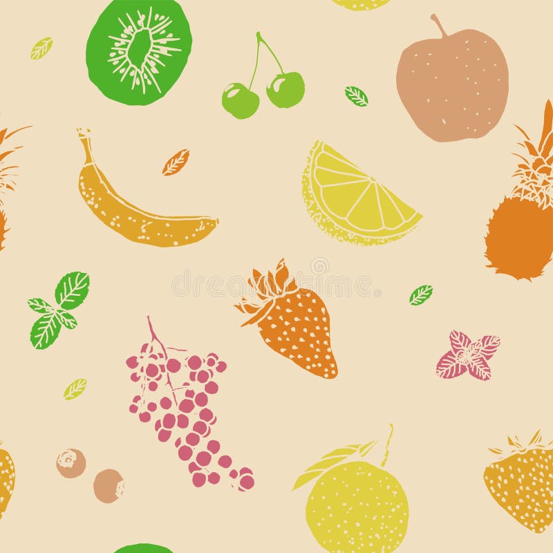 Fruit Illustration Sketch Style Retro Colors Seamless Pattern Stock ...