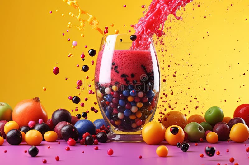 Fruit Juice and Berries in Bubble Tea with Juicy Splash in the Glass ...