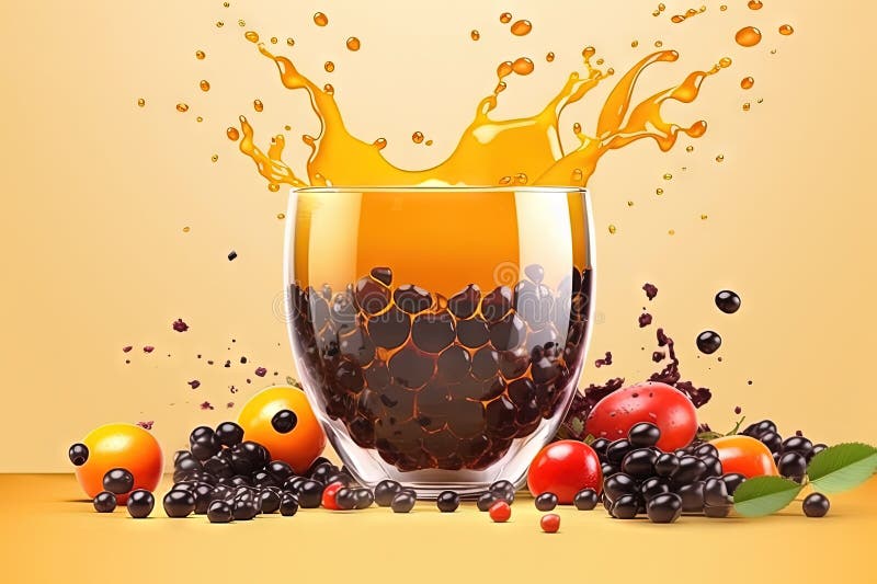 Fruit Juice and Berries in Bubble Tea with Juicy Splash in the Glass ...