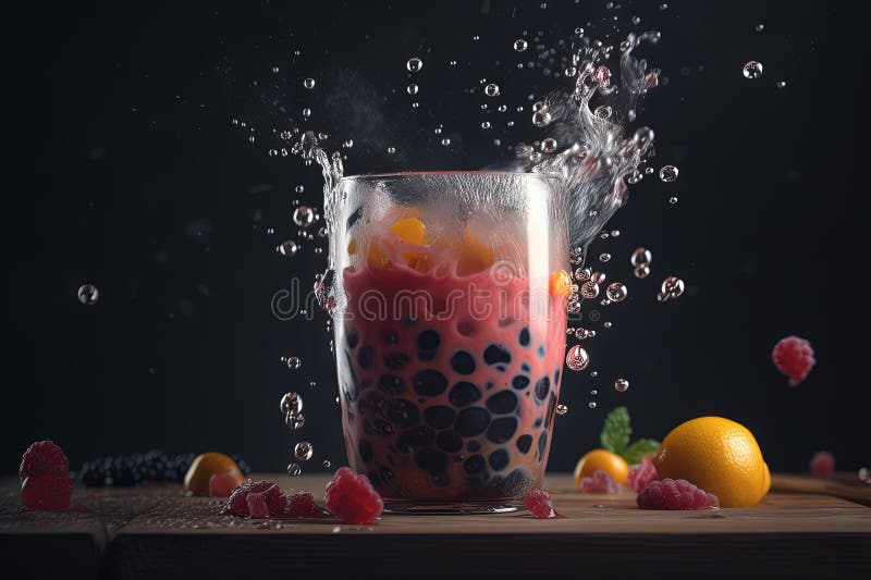 Fruit Juice and Berries in Bubble Tea with Juicy Splash in the Glass ...